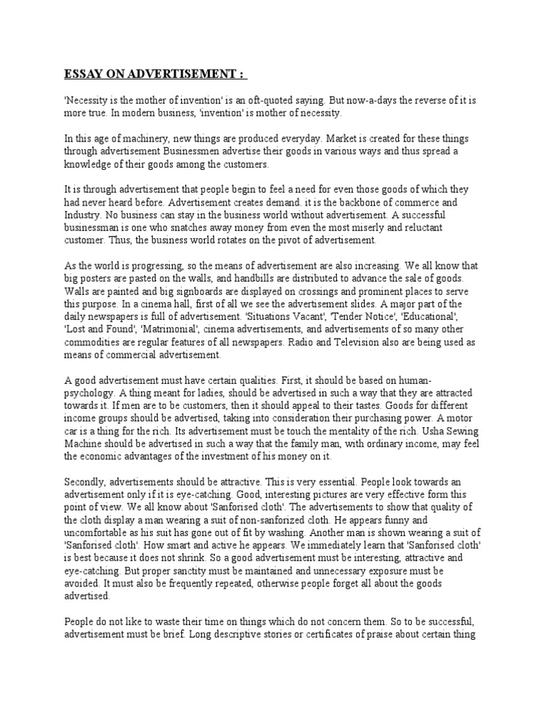 Essay On Advertisement | PDF | Advertising | Marketing