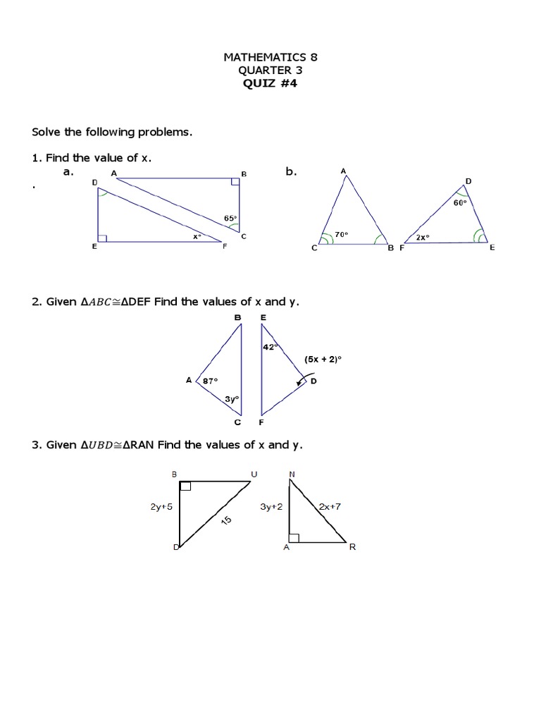 Mathematics 8 Quarter 3: Quiz #4 | PDF | Perpendicular | Euclidean Plane Geometry