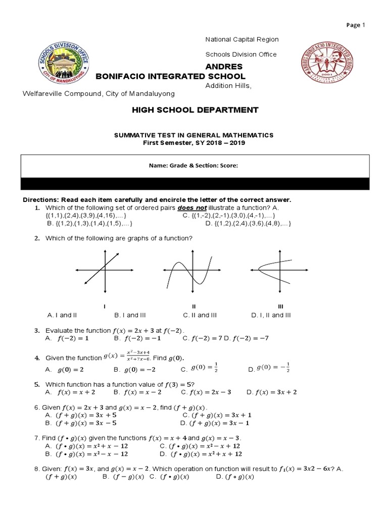 Summative Test in Gen Math 1 | PDF | Function (Mathematics) | Asymptote