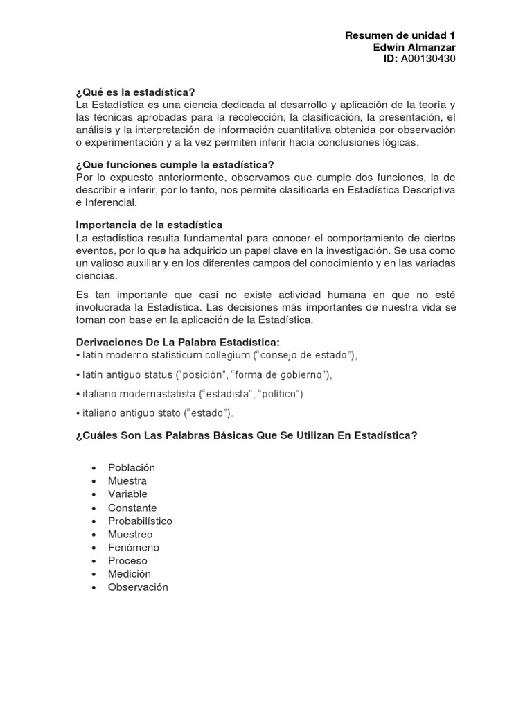 Almanzar Edwin - Resumen de Unidad 1 | PDF | Estadísticas | Muestreo ...