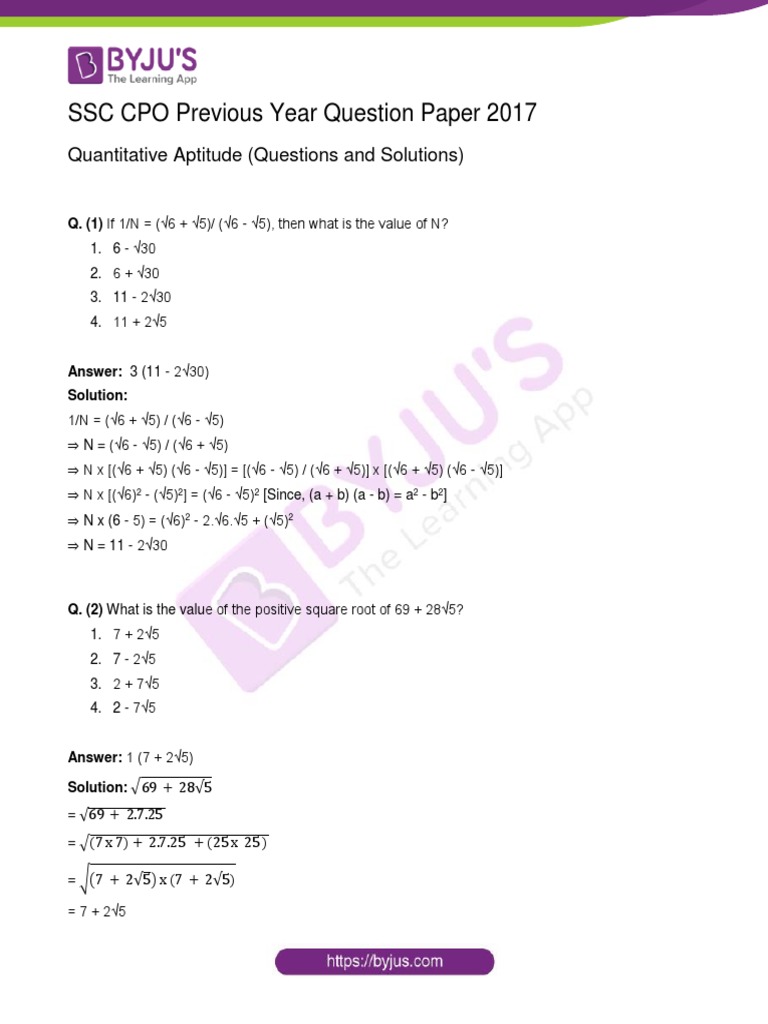 SSC CPO Previous Year Question Paper 2017: Quantitative Aptitude (Questions and Solutions) | PDF ...