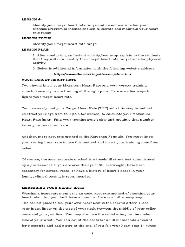 THR MHR RHR Lesson Plan | PDF | Heart Rate | Physical Fitness