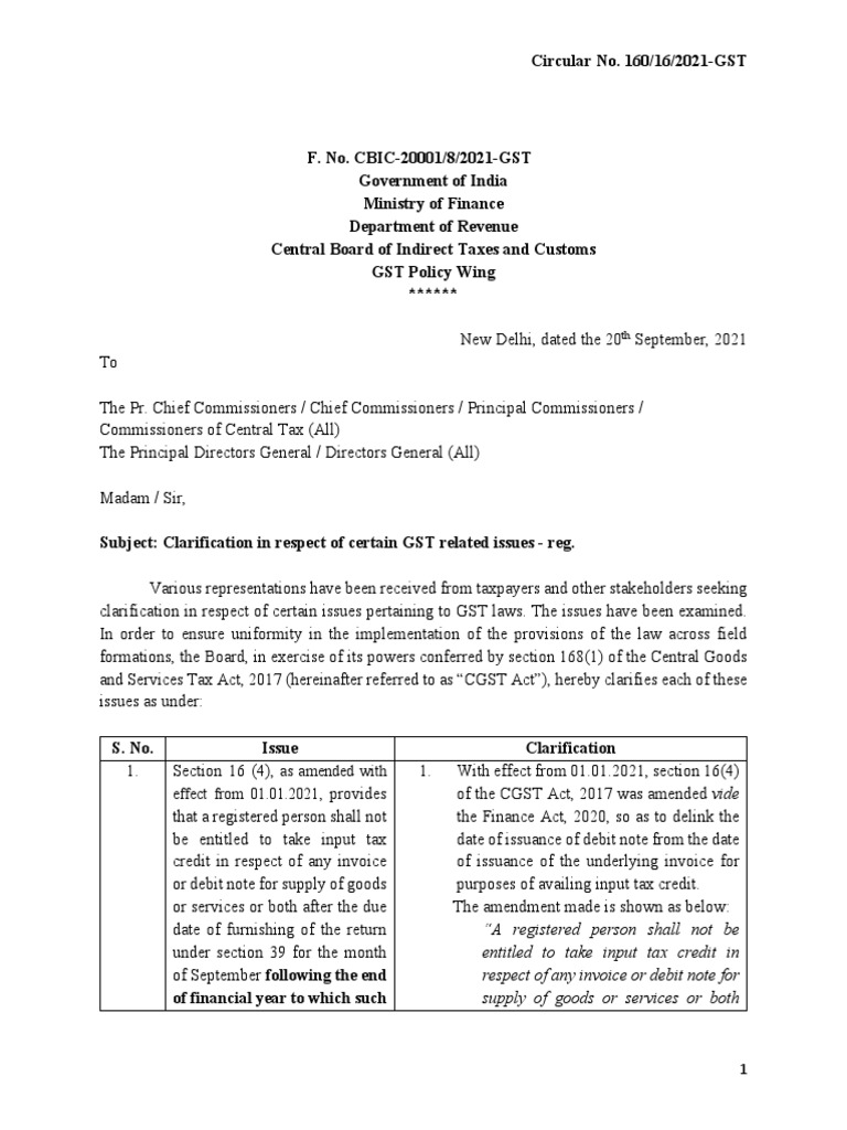 Circular No. 160 - 14 - 2021 - GST | PDF | Invoice | Government