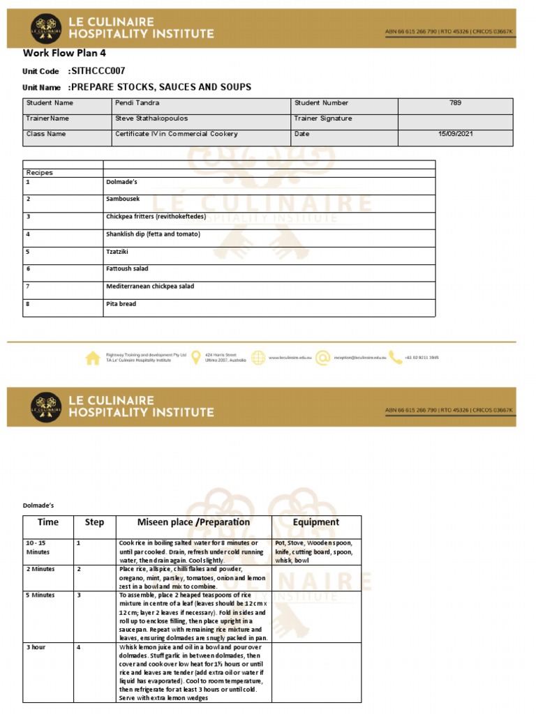 Work Flow Plan 4: Sithccc007 Prepare Stocks, Sauces and Soups | PDF | Salad | Foods