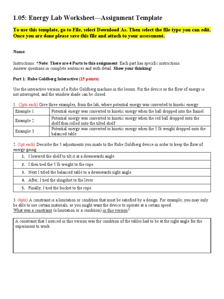 1.05: Energy Lab Worksheet-Assignment Template | PDF | Kinetic Energy ...