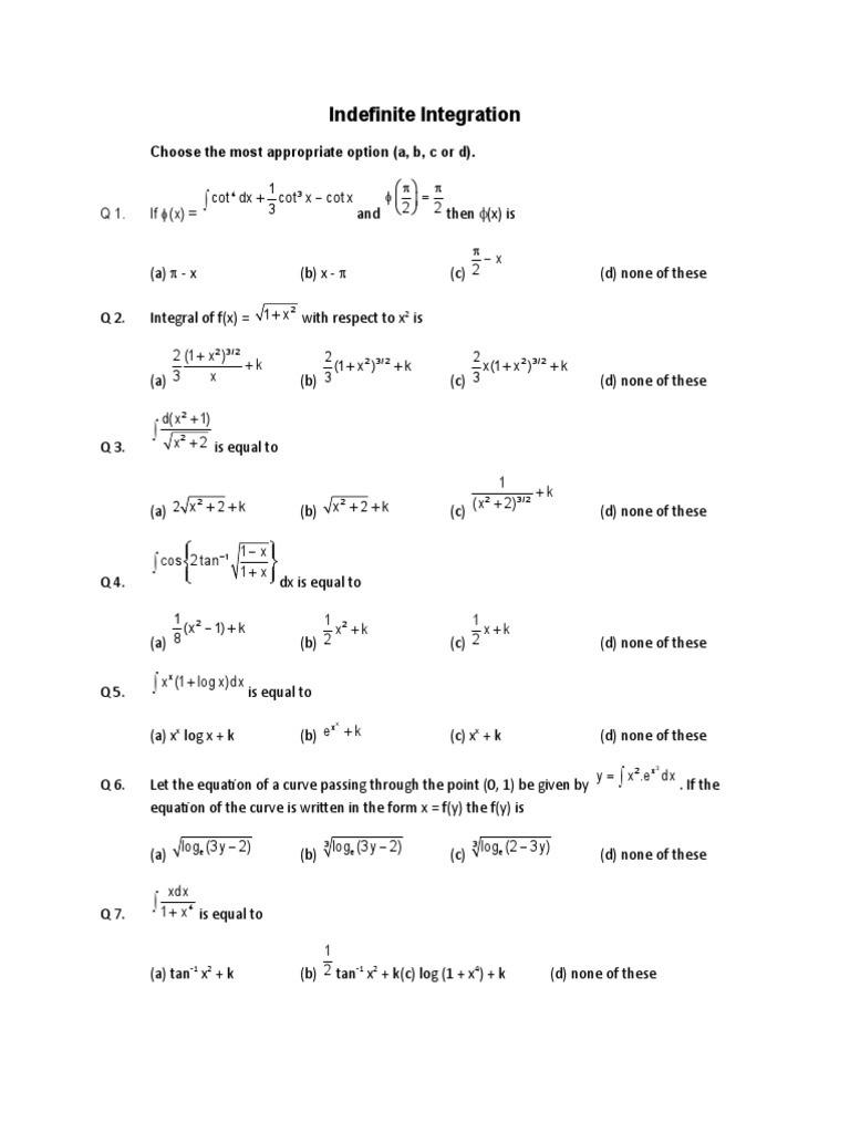 Indefinite Integration Practice Questions | PDF | Mathematical Analysis