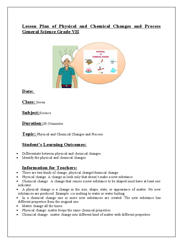 Lesson Plan of Physical and Chemical Changes and Process General ...
