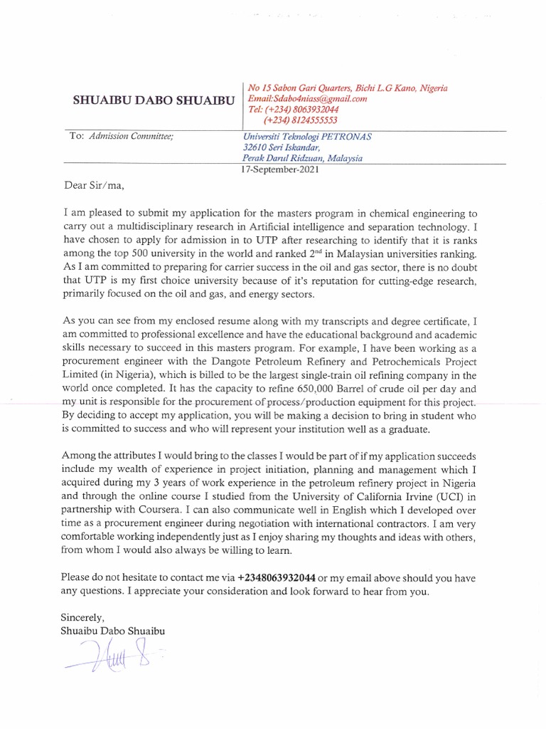 Cover Letter - MSC UTP | PDF