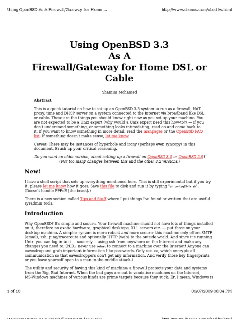 Using Openbsd 3 3 Asa Firewall Gateway For Home Dsl Or Cable Pdf Ip Address Computer Network