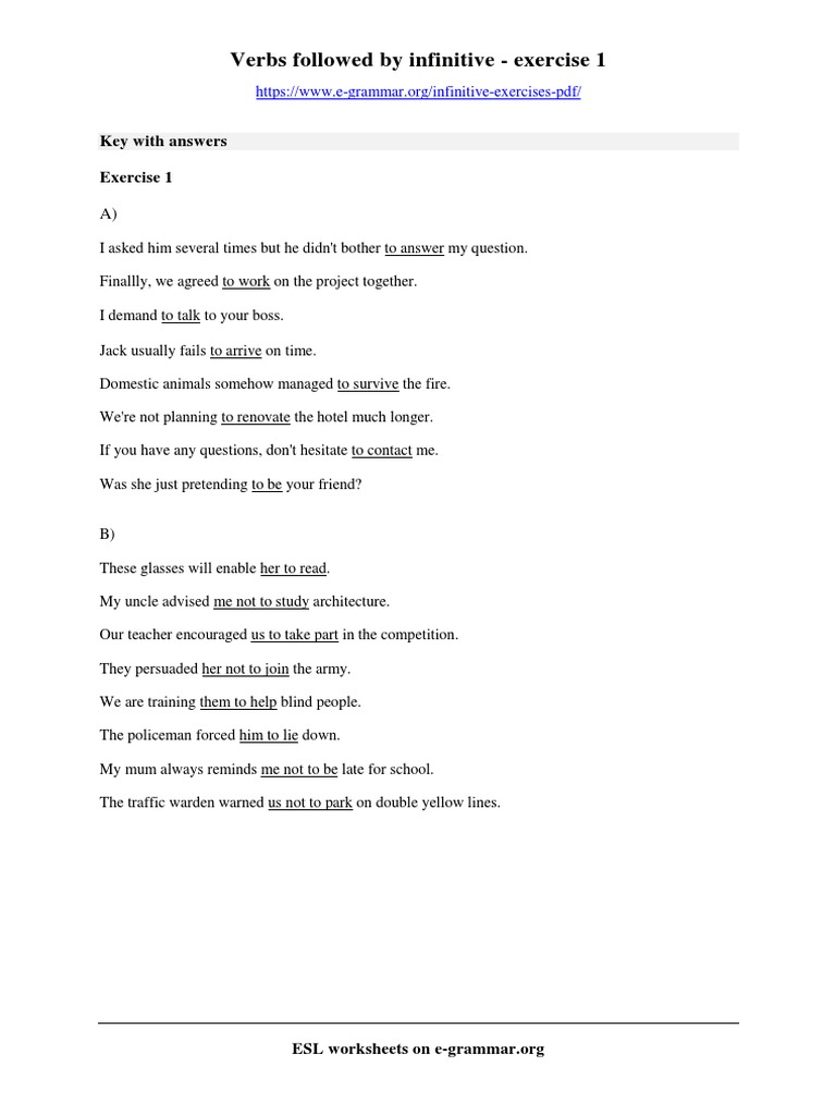 Verbs Followed by Infinitive - Exercise 1: Key With Answers Exercise 1 ...