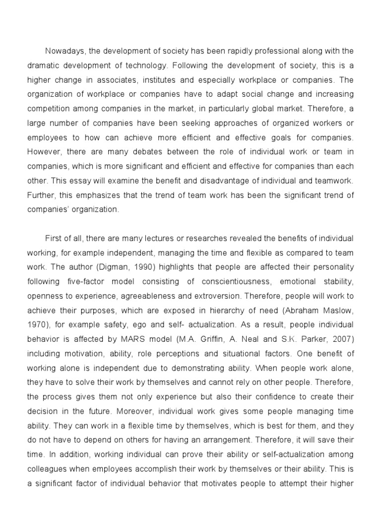 Individual vs Teamwork: Pros and Cons | PDF | Goal | Employment