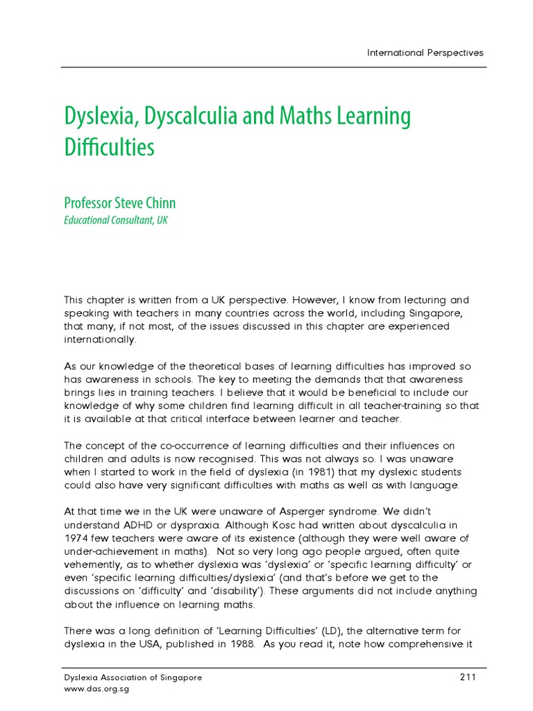 Dyslexia, Dyscalculia and Maths Learner Difficulties Steve Chinn | PDF ...