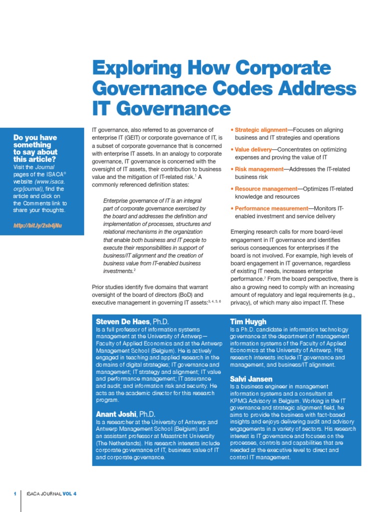 Exploring How Corporate Governance Codes Address IT Governance Joa Eng ...
