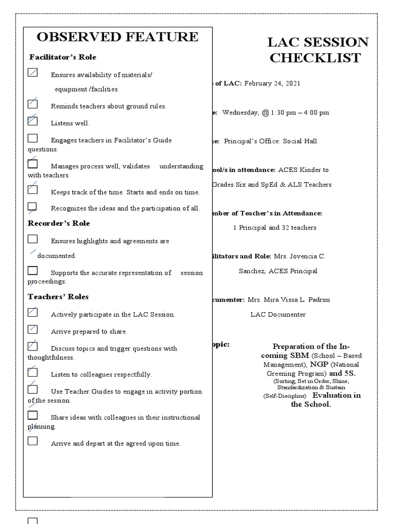 LAC Session Checklist February 24 2021 | PDF | Communication | Cognition