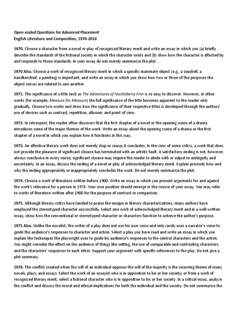 Open Ended Question AP Literature | PDF | Essays | Plot (Narrative)