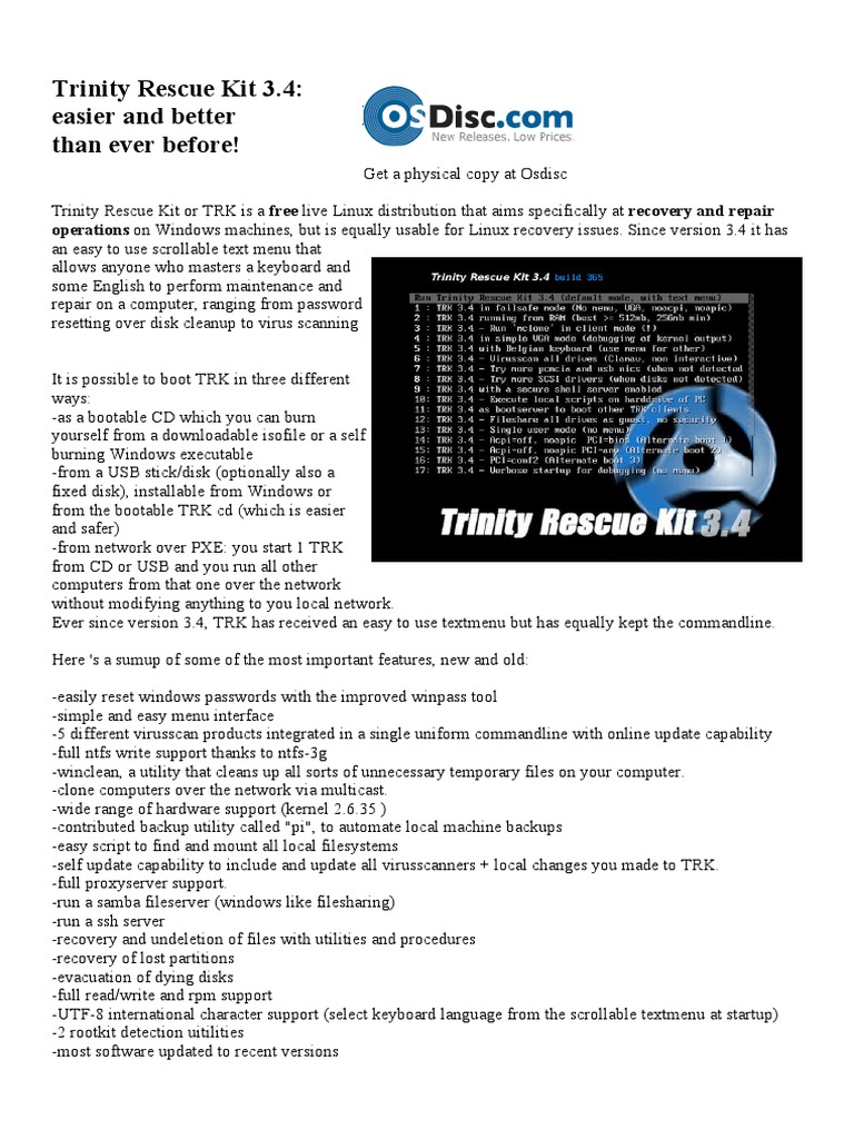 Trinity Rescue Kit 3 | Download Free PDF | Linux Distribution | Booting