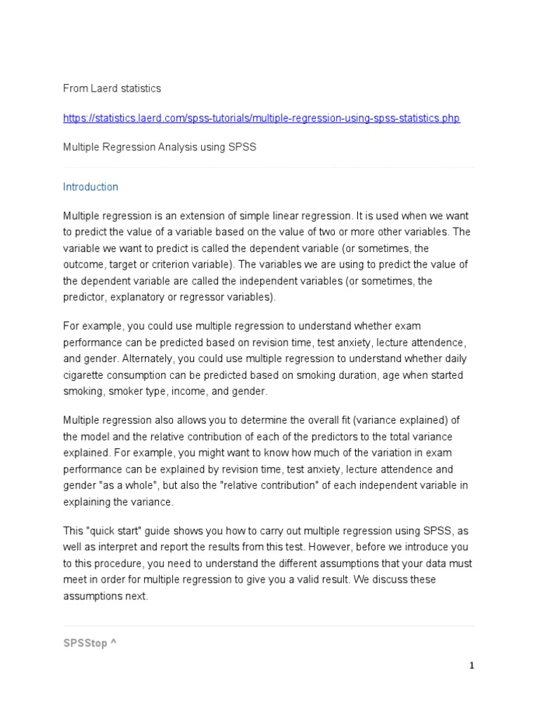 Multiple Regression Analysis Using SPSS Laerd | PDF | Regression ...