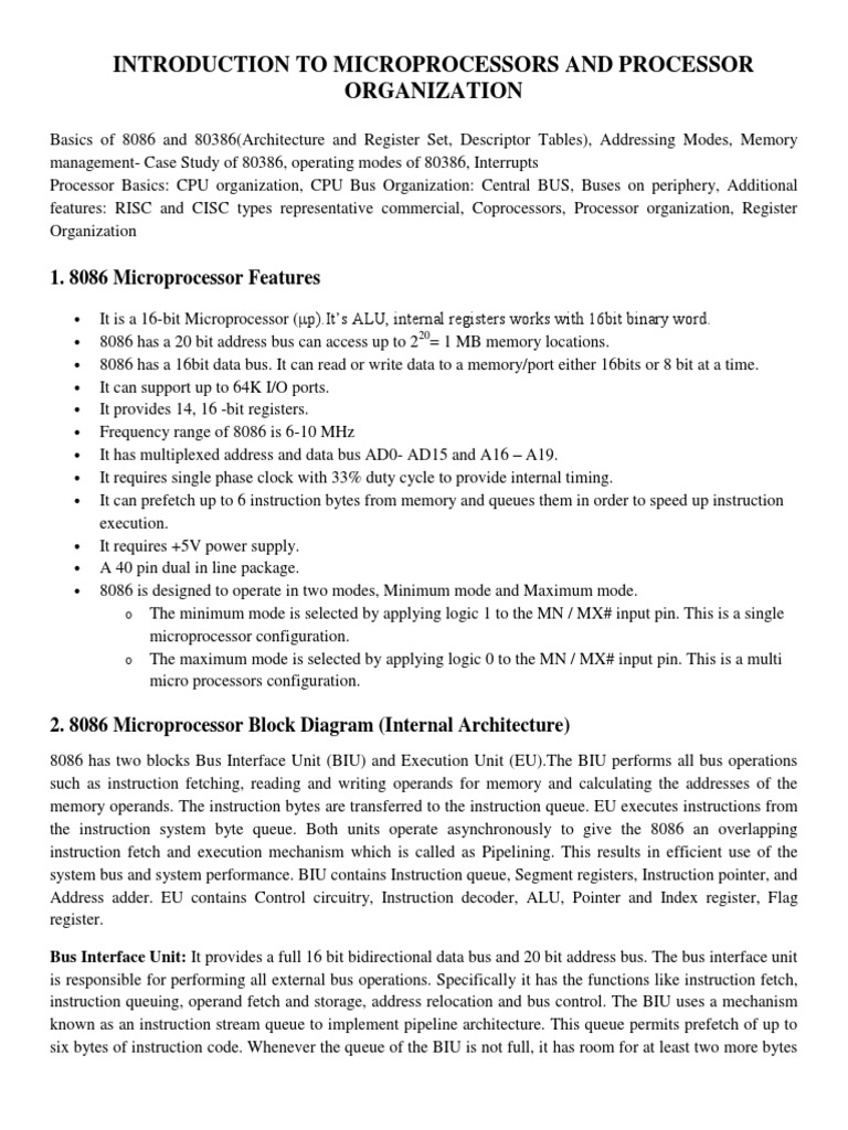 Introduction To Microprocessors and Processor Organization: 1. 8086 Microprocessor Features ...