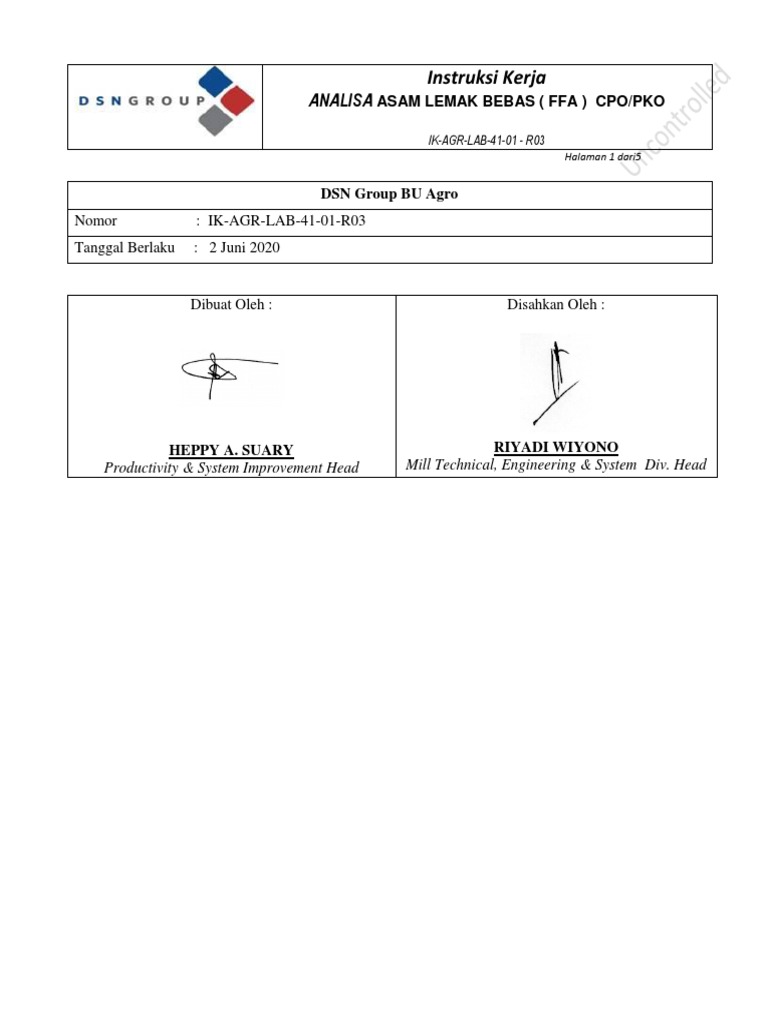 1.ik Analisa Asam Lemak Bebas (Ffa) Cpo Pko (Ik-Agr-lab-41-01-r3) D | PDF