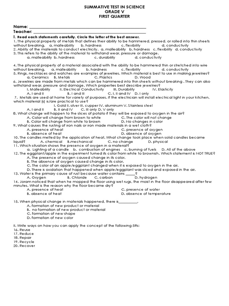 SUMMATIVE TEST IN SCIENCE 1st Q | PDF | Oxygen | Combustion