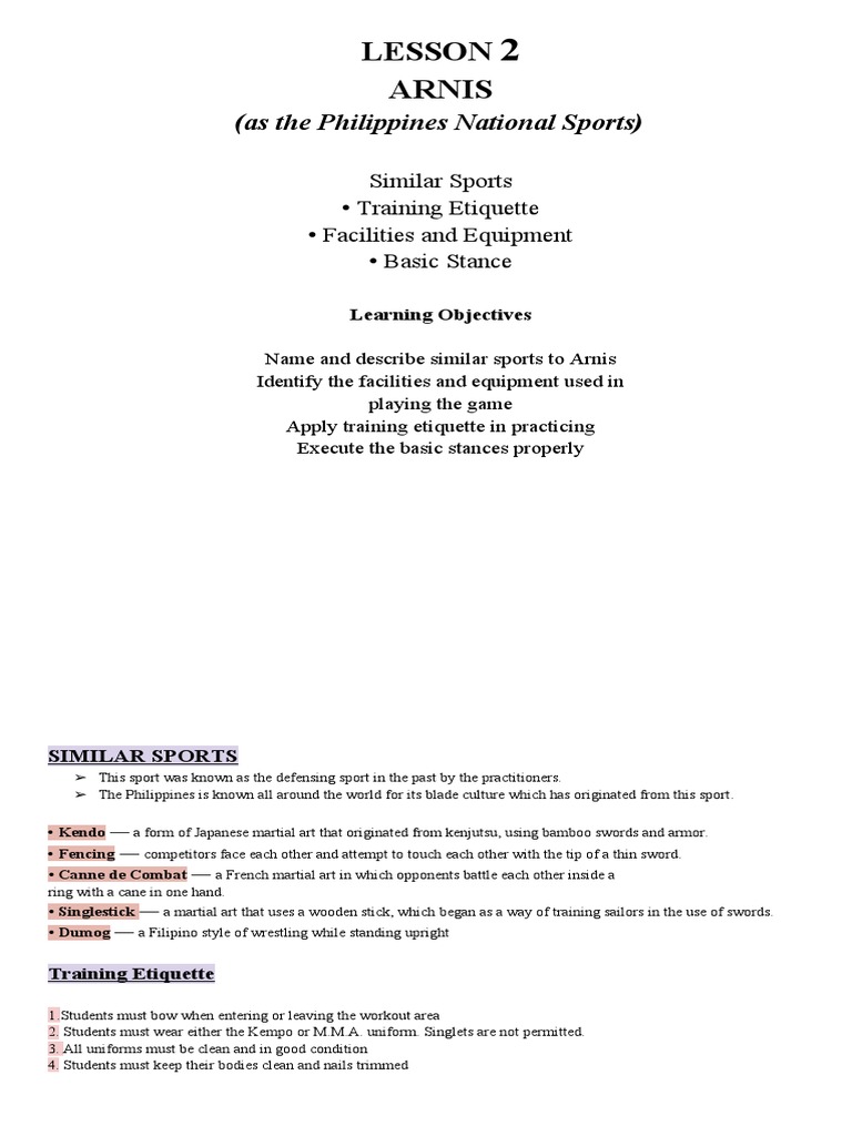 Lesson Arnis: (As The Philippines National Sports) | PDF | Melee Weapons