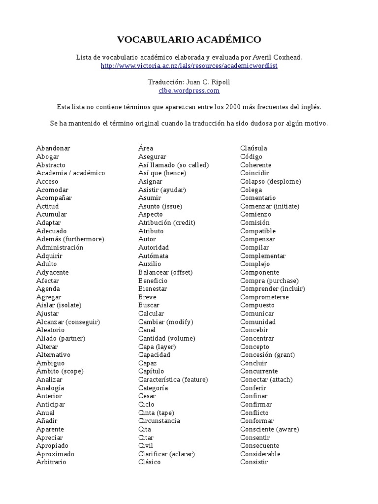 Glosario de Vocabulario Académico | PDF