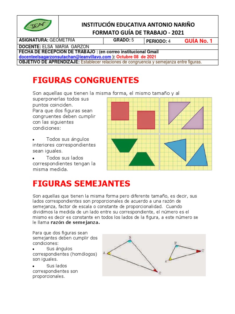 Guía 1 - Figuras Congruentes y Semejantes | PDF | Métodos y materiales ...