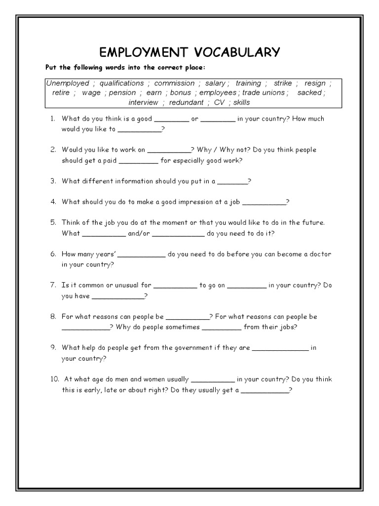 Employment Vocabulary Worksheet | PDF