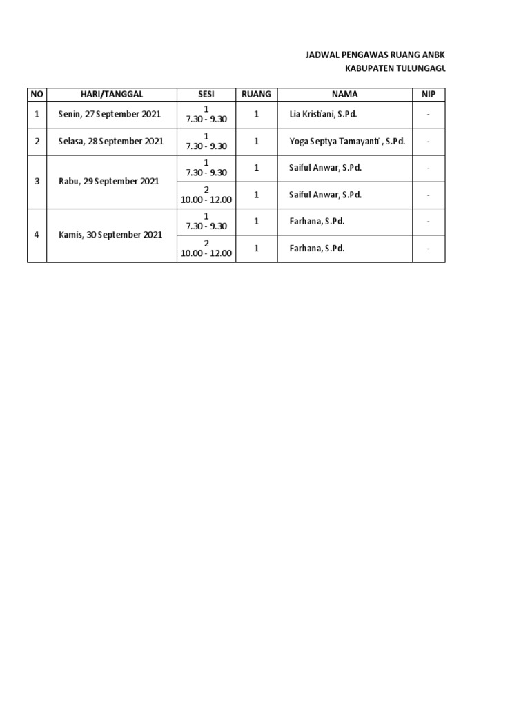 Jadwal Pengawas Anbk | PDF