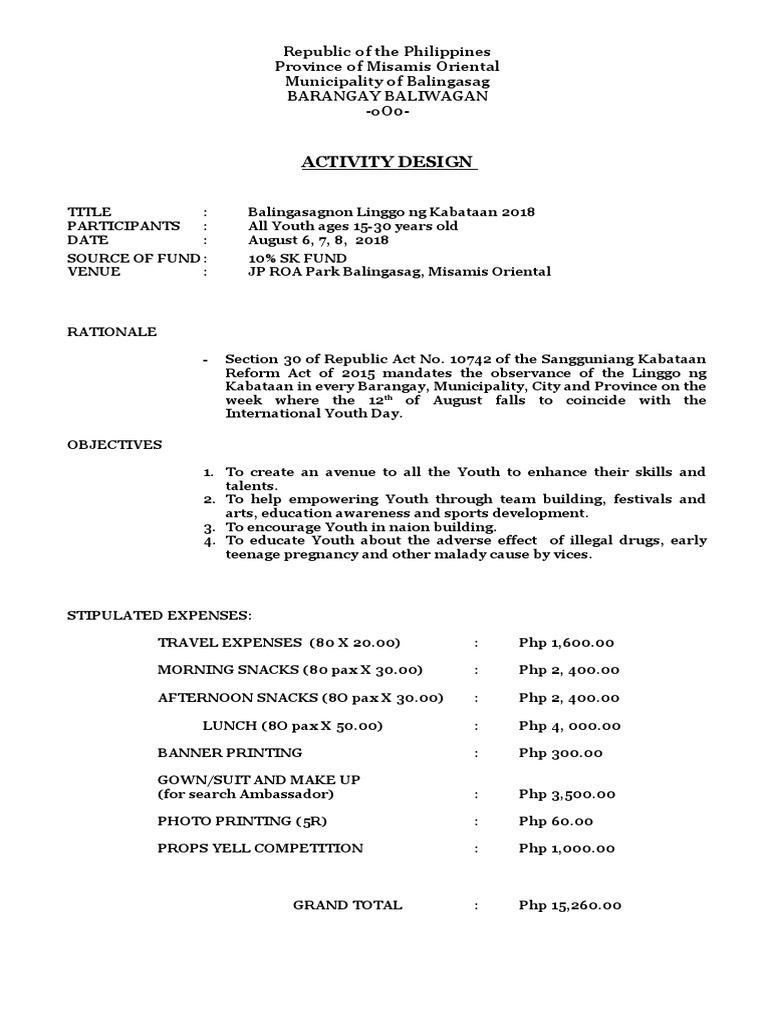 Republic of The Philippines. Activity Design LNK | PDF | Youth ...