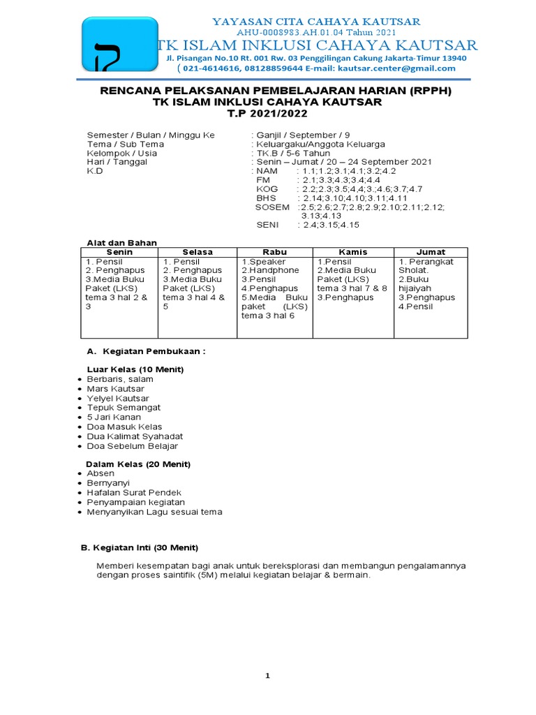 09.RPPH (Ganjil, Sep, 9) - TK B | PDF
