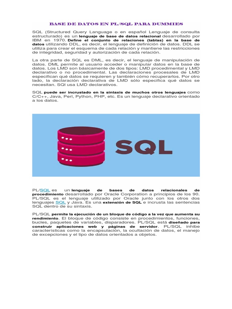 Base de Datos en PL - SQL para Dummies | PDF | SQL | Pl / Sql