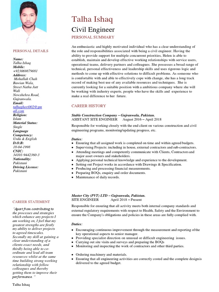 Talha Civil Engineer CV | PDF | Engineering | Specification (Technical ...
