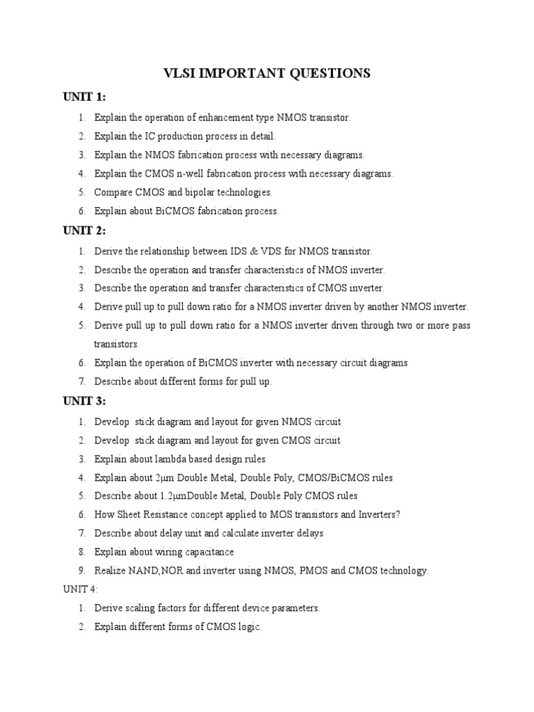 Vlsi Important Questions: Unit 1 | PDF