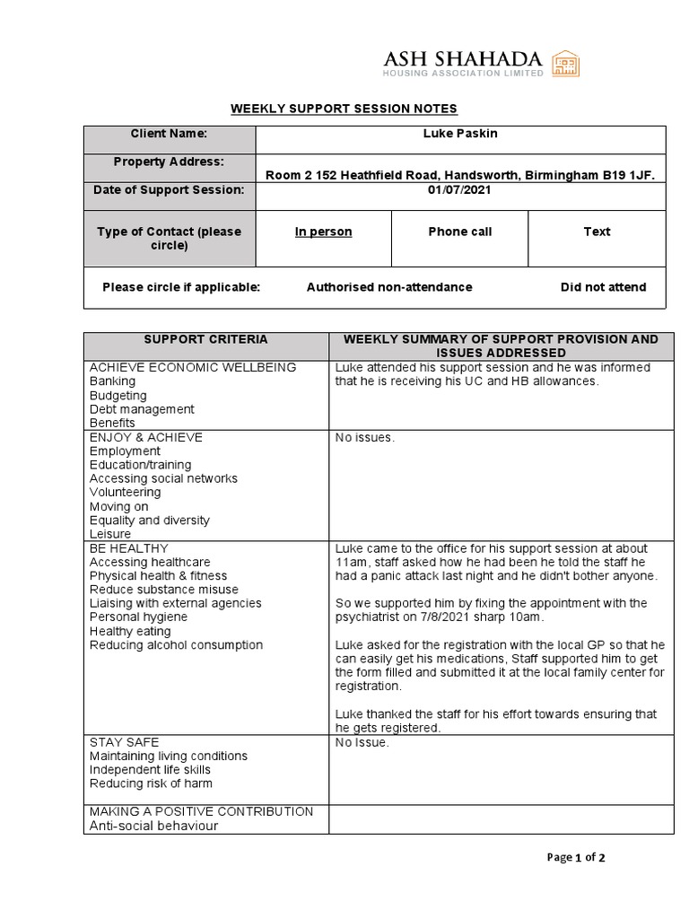 Support Session Notes - Luke Paskin - 01-07-2021 | PDF | Health Care ...