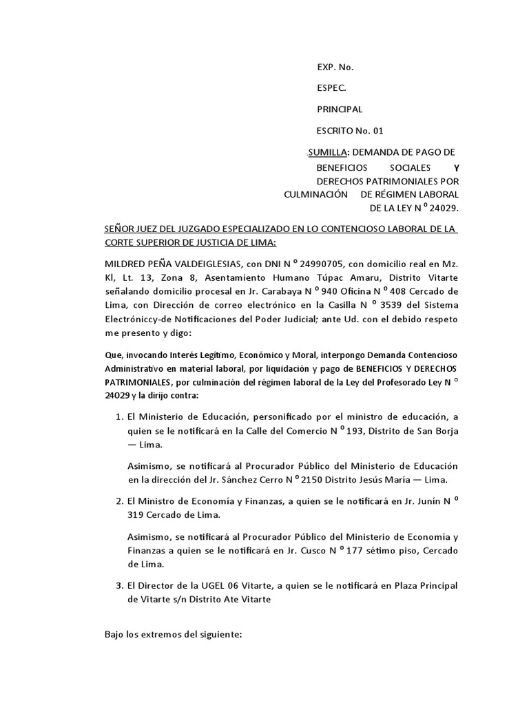 Demanda de Pago de Pago de Beneficios Sociales | PDF | Derecho laboral | Convenio europeo de ...