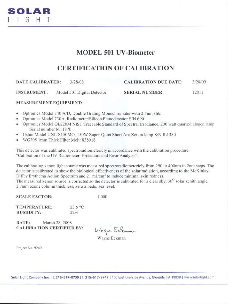 Solar: MODEL 501 UV-Biometer Certification of Calibration | PDF ...
