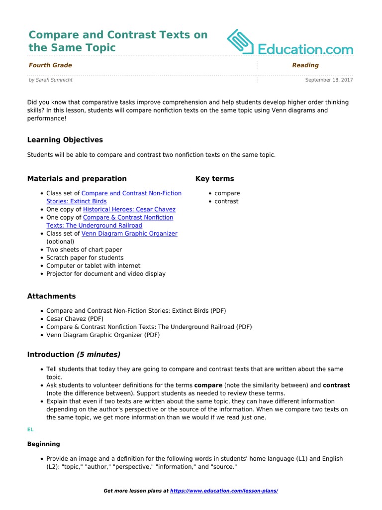 Compare and Contrast Texts On The Same Topic | PDF