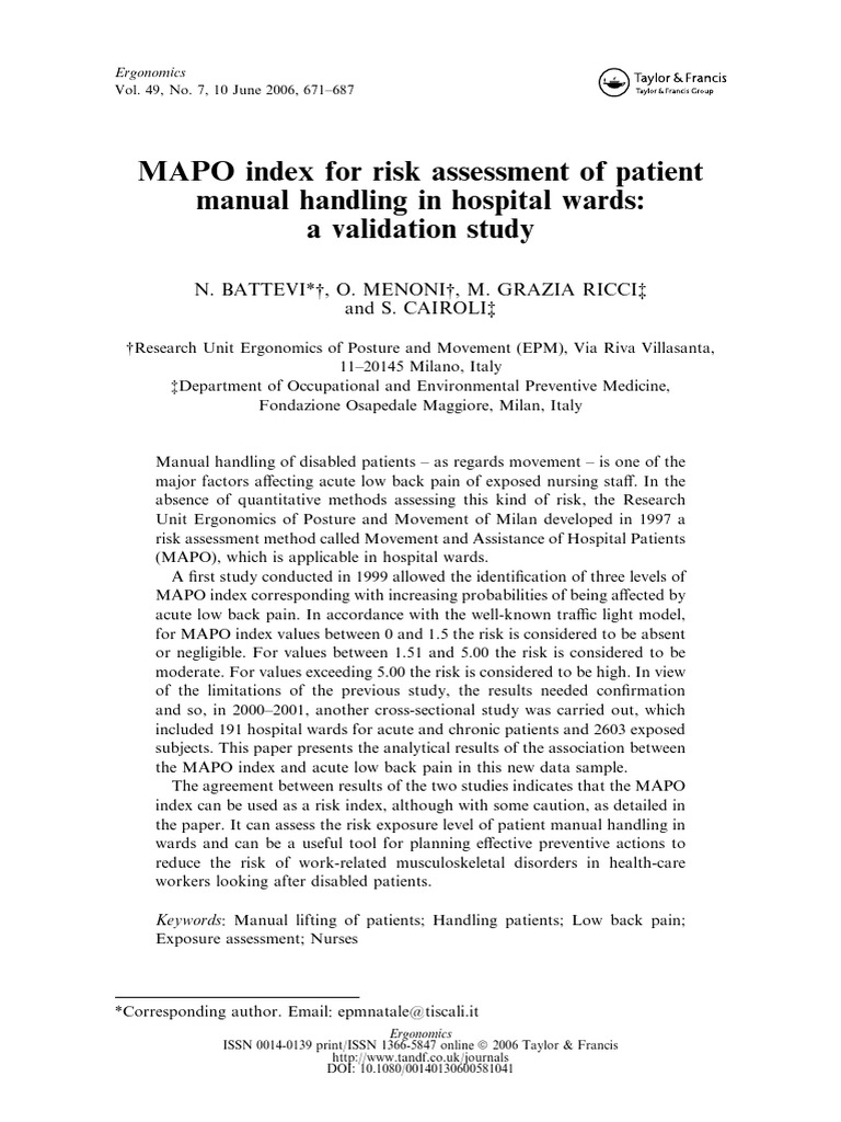MAPO Index For Risk Assessment of Patient Manual Handling in Hospital ...
