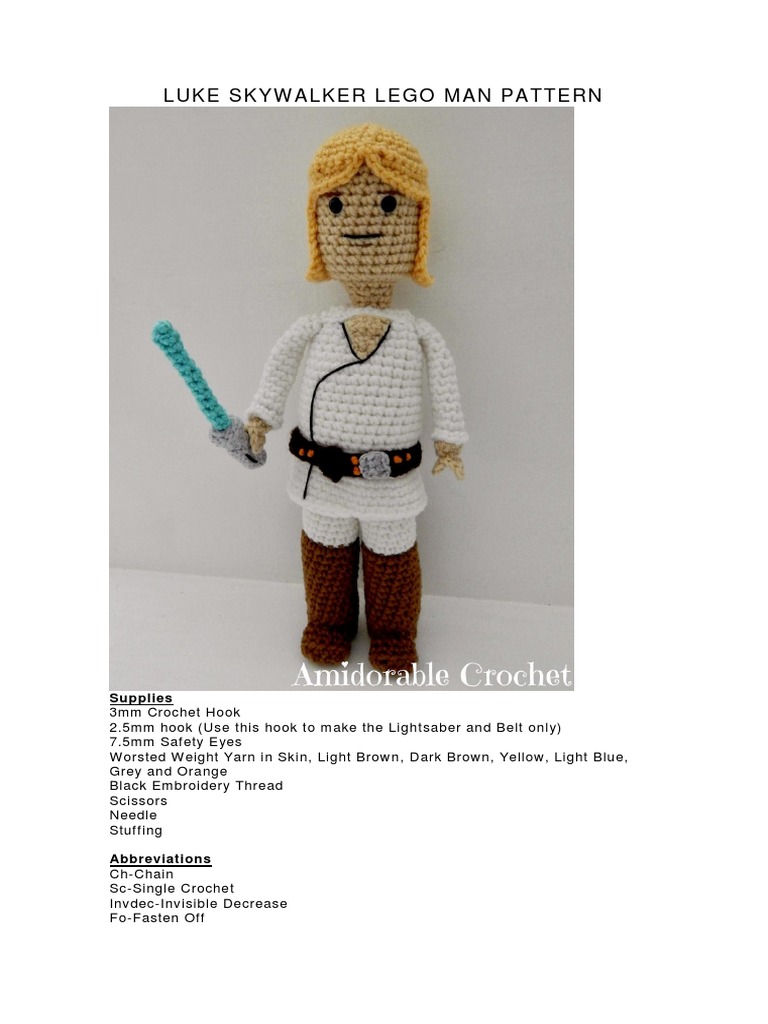 Luke Skywalker Lego Man Pattern | PDF | Crochet | Textile Arts