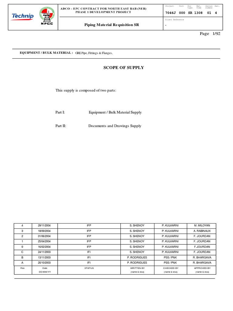 Piping Material Requisition for GRE Pipe, Fittings & Flanges | PDF ...