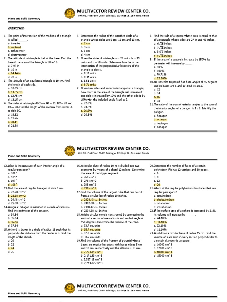 Solid and Plane Geometry Exercises | PDF | Triangle | Area