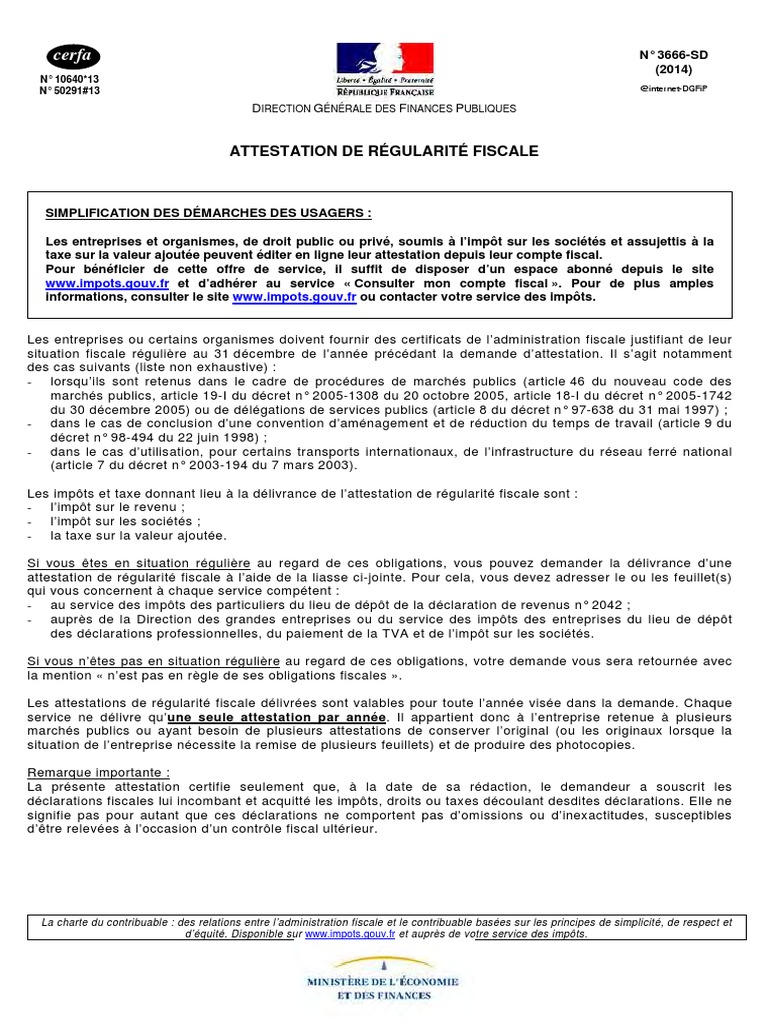 Cerfa: Attestation de Régularité Fiscale | PDF | Impôts | Taxe sur la ...