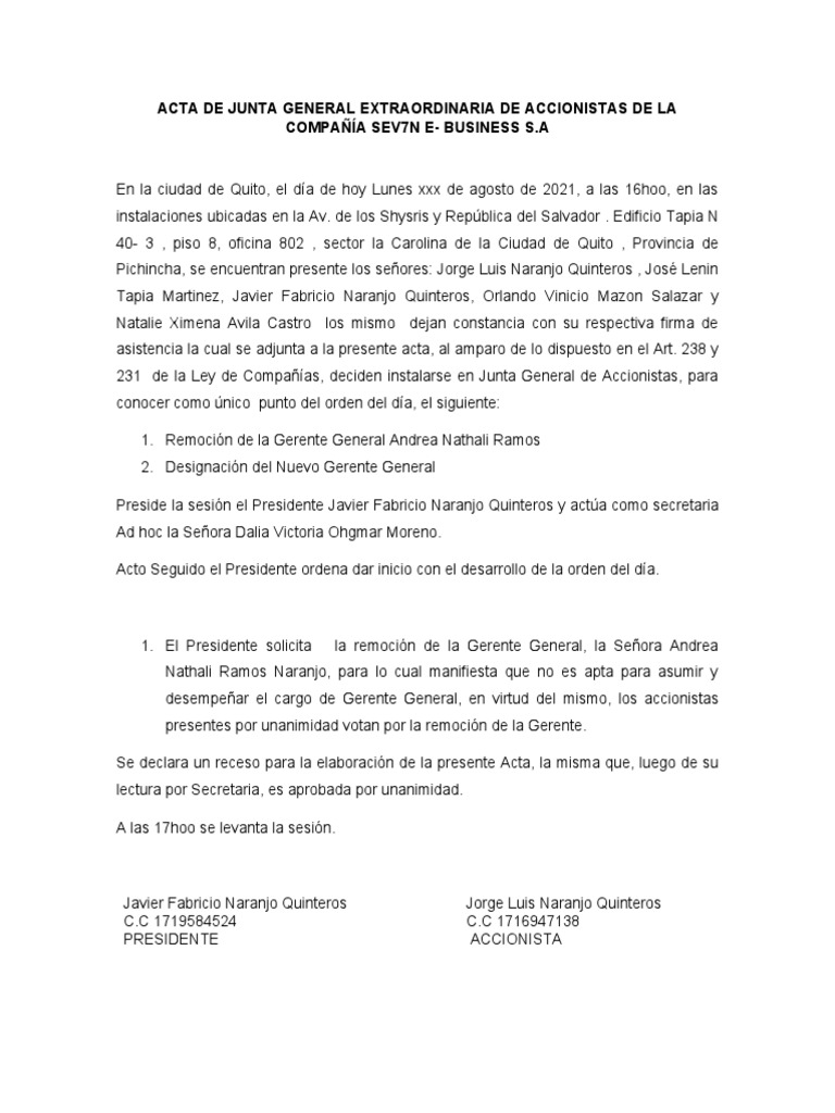 Modelo De Acta De Junta General De Accionistas – LAUQA