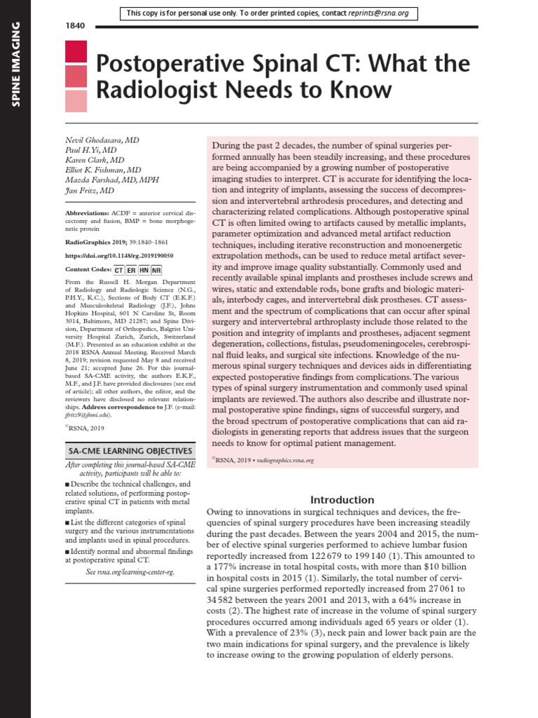 Postoperative Spinal CT: What The Radiologist Needs To Know | PDF ...