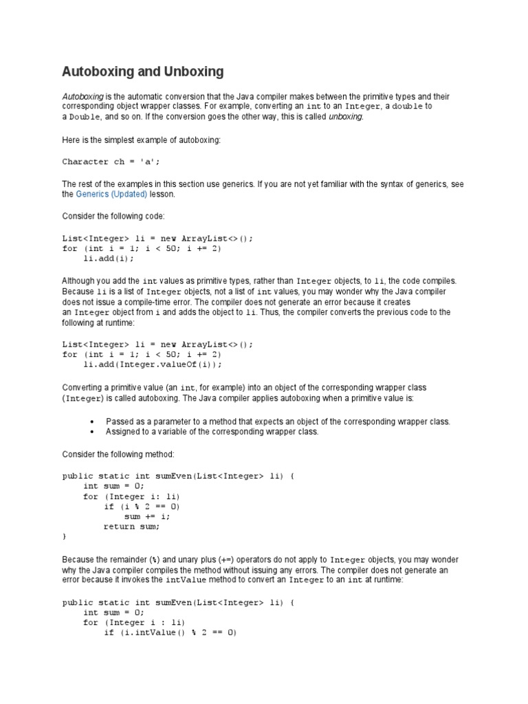 Java Autoboxing and Unboxing | PDF | Method (Computer Programming) | Integer (Computer Science)