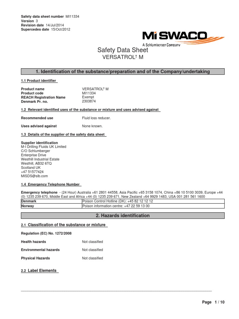 Safety Data Sheet: Versatrol M | PDF | Toxicity | Dangerous Goods