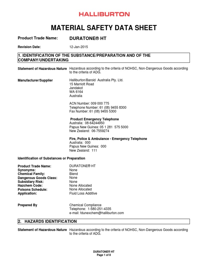 Material Safety Data Sheet: Duratone® HT | PDF | Toxicity | Personal ...