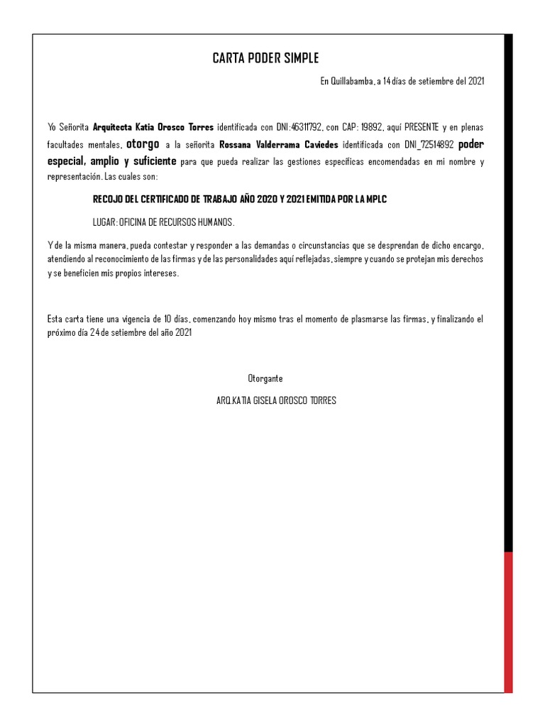 CARTA PODER SIMPLE Certificado Trabajo | PDF