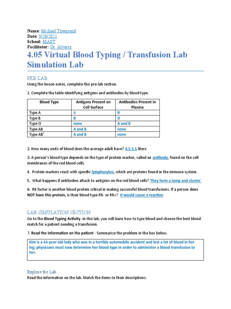 4.05 Virtual Blood Typing / Transfusion Lab Simulation Lab | PDF ...